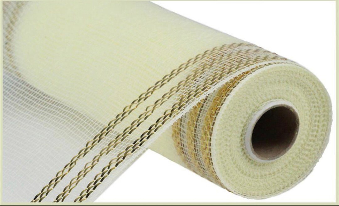 Border Stripe Metallic Mesh Cream W/gold Foil, Cream Mesh, Christmas ...