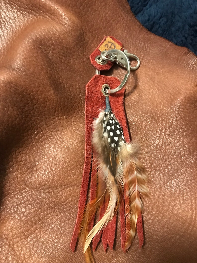 Red Tassel Leather Keychain With Feather - Etsy