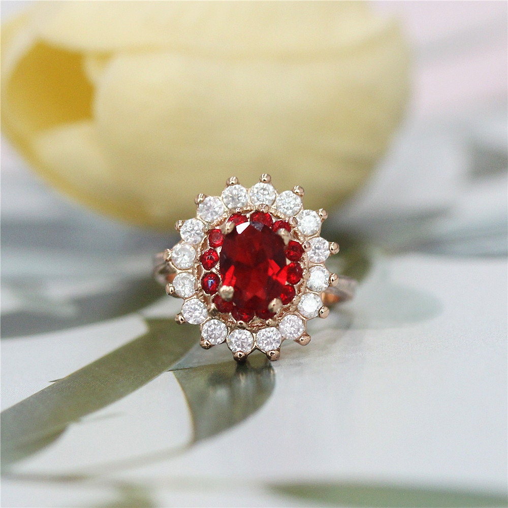 Oval Red CZ Ring Cubic Zirconia Gemstone Ring White Gold | Etsy