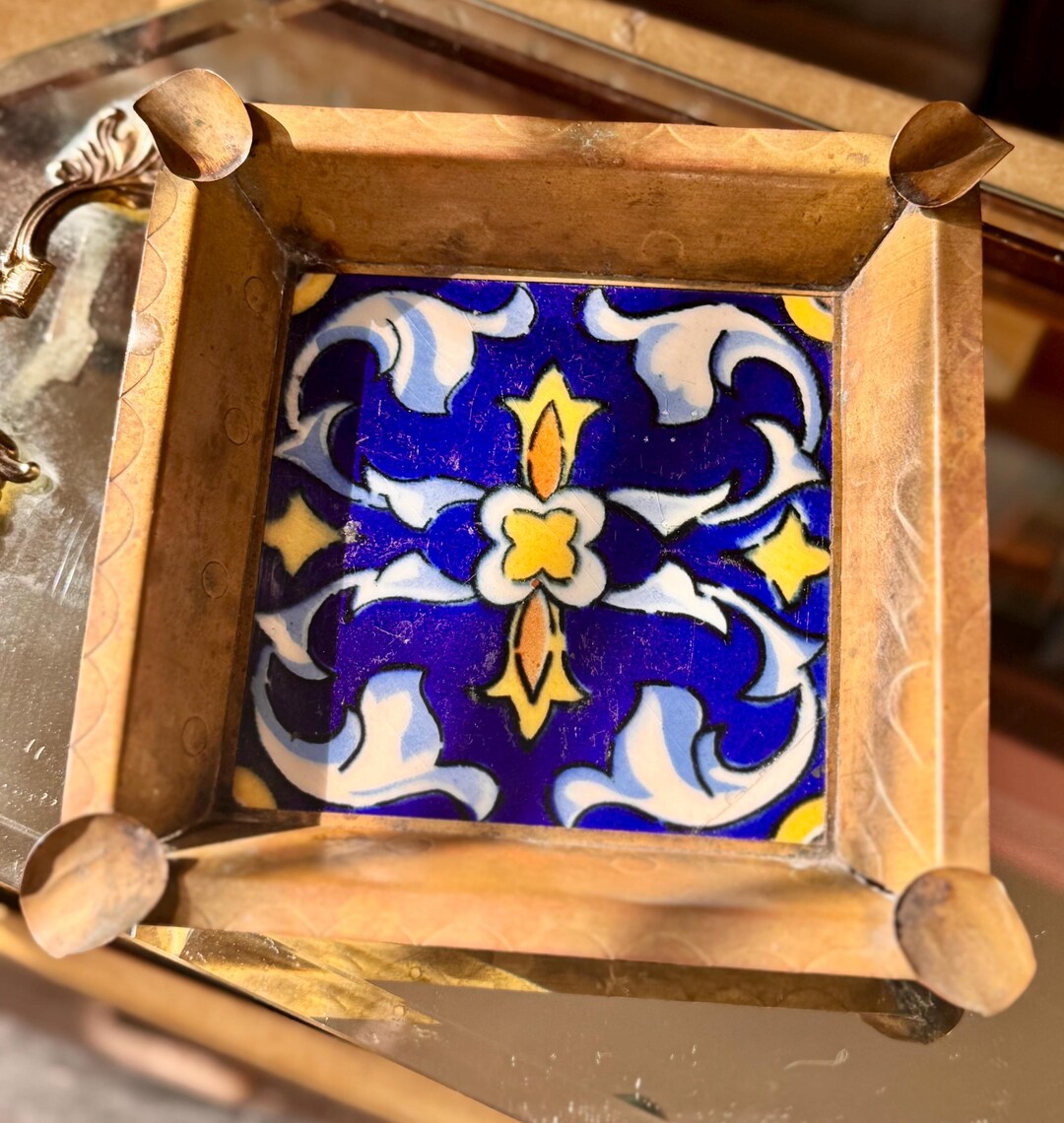 Vintage Mexican Brass Ashtray: Hand-painted Talavera Tile Folk Art - Etsy