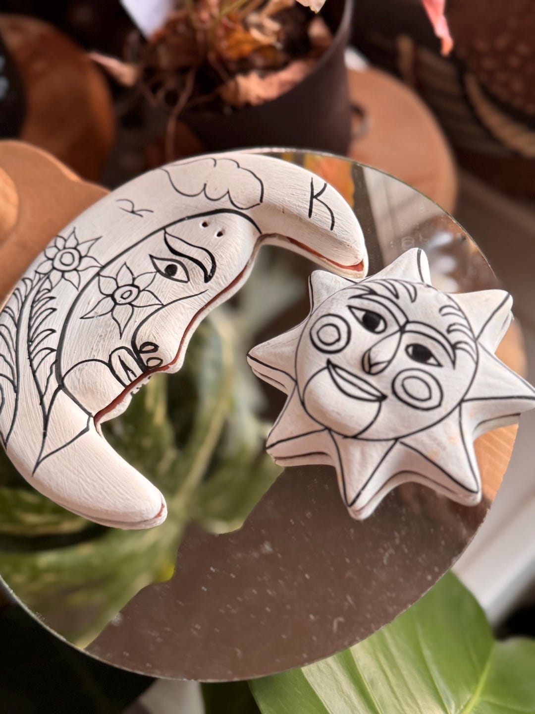 Hand-painted Sun & Moon Ceramic Wall Hanging Set: Boho Folk Art Decor ...