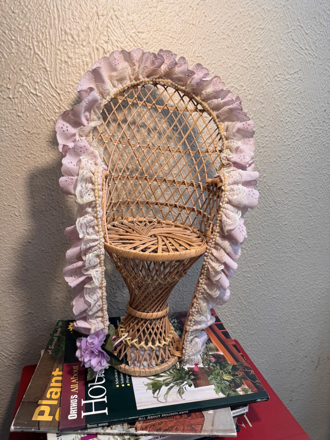 Vintage Wicker Peacock Doll Chair With Pink Lace & Ruffle Trim – Boho ...