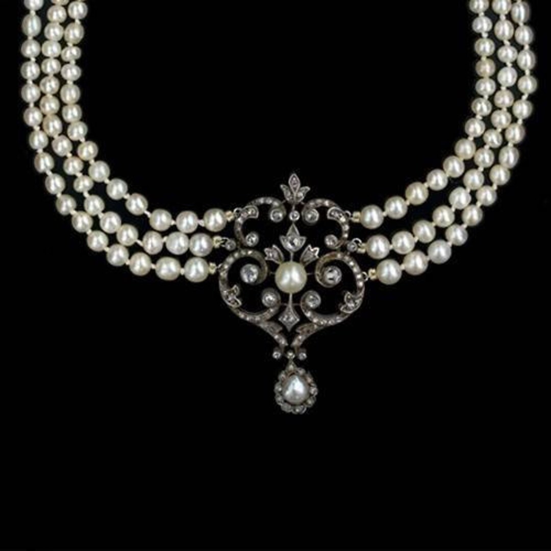 Antique Victorian Natural Pearl and Rose Cut Diamond Necklace, 925 ...