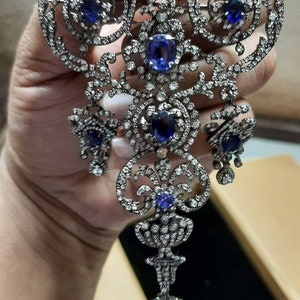 Rose Cut Diamond / Blue Sapphire Brooch , 13.60ct Diamond, Silver ...