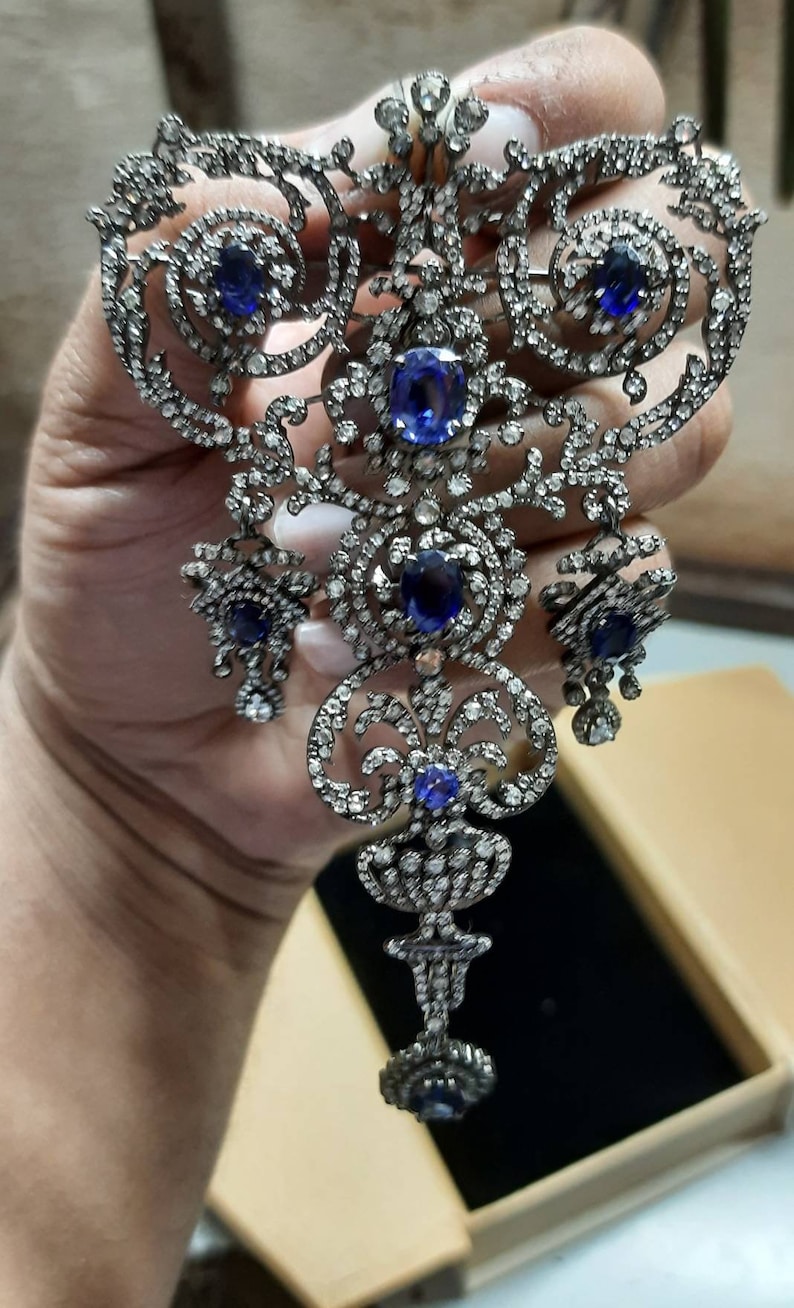 Rose Cut Diamond / Blue Sapphire Brooch , 13.60ct Diamond, Silver ...