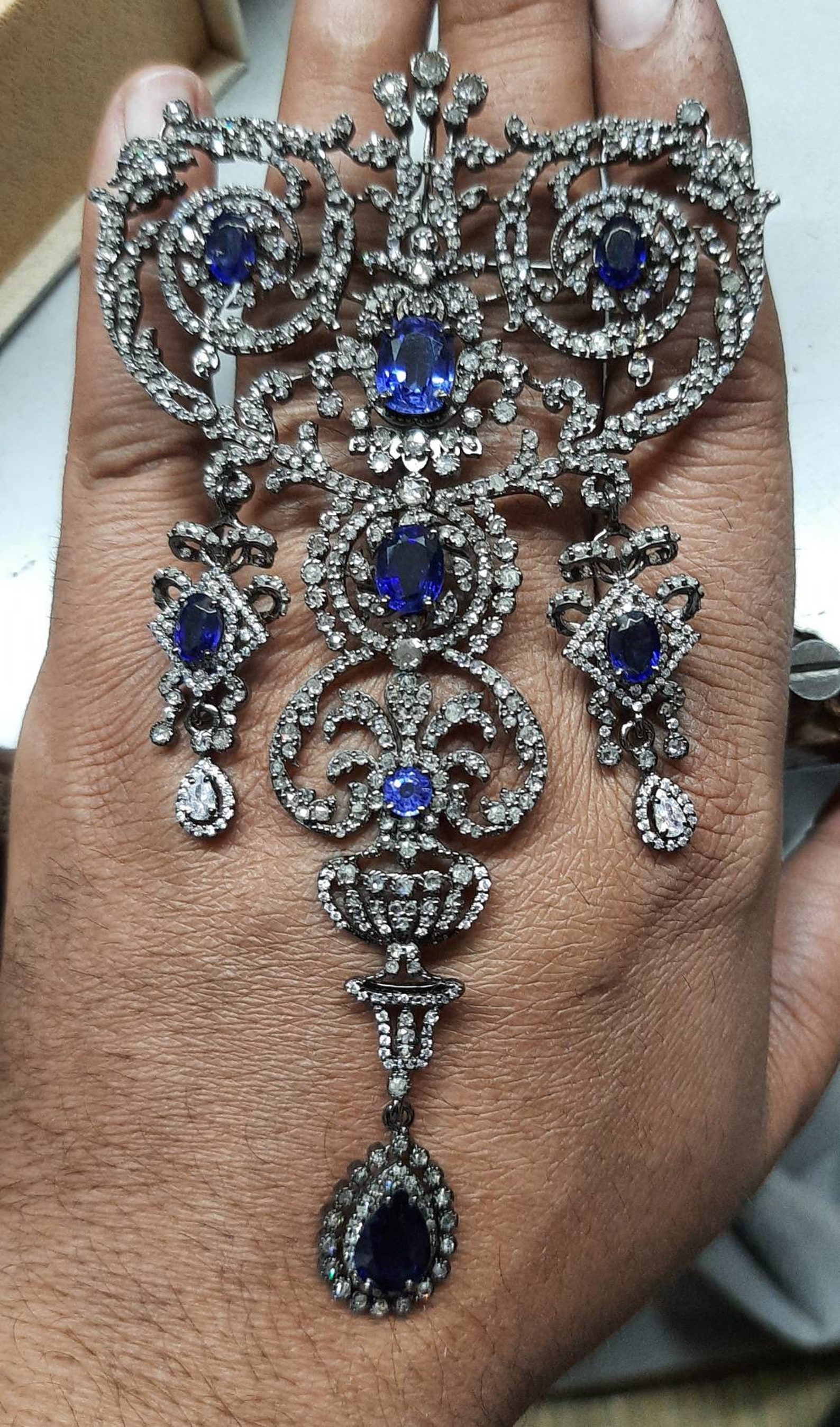 Rose Cut Diamond / Blue Sapphire Brooch , 13.60ct Diamond, Silver ...