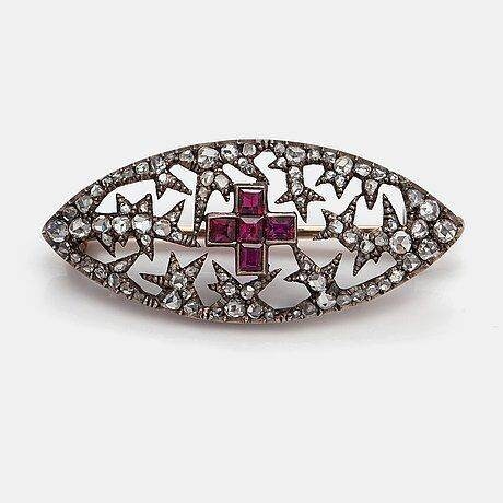 Antique Rose Cut Diamond Brooch Red Ruby Brooch 925 Sterling Silver ...
