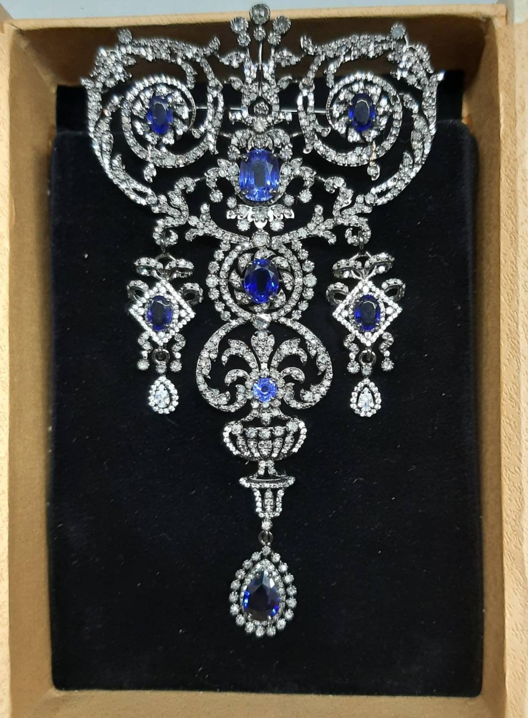 Rose Cut Diamond / Blue Sapphire Brooch , 13.60ct Diamond, Silver ...