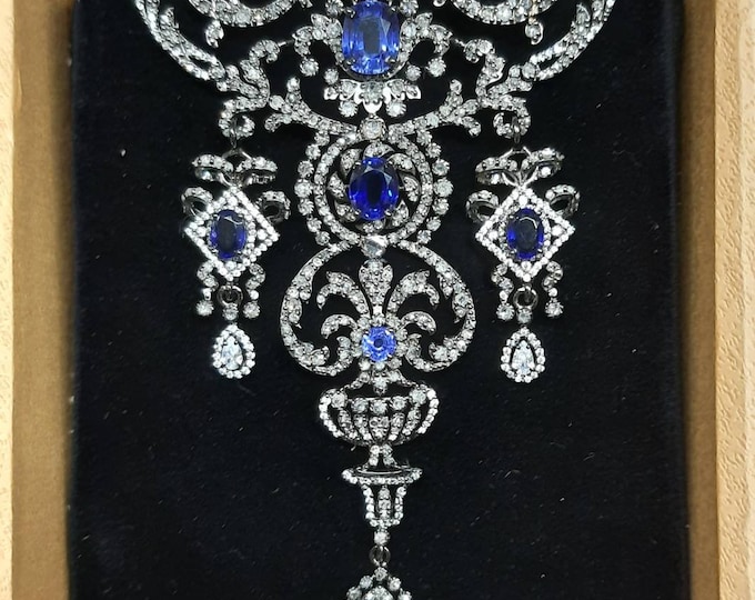 Rose Cut Diamond / Blue Sapphire Brooch , 13.60ct Diamond, Silver ...