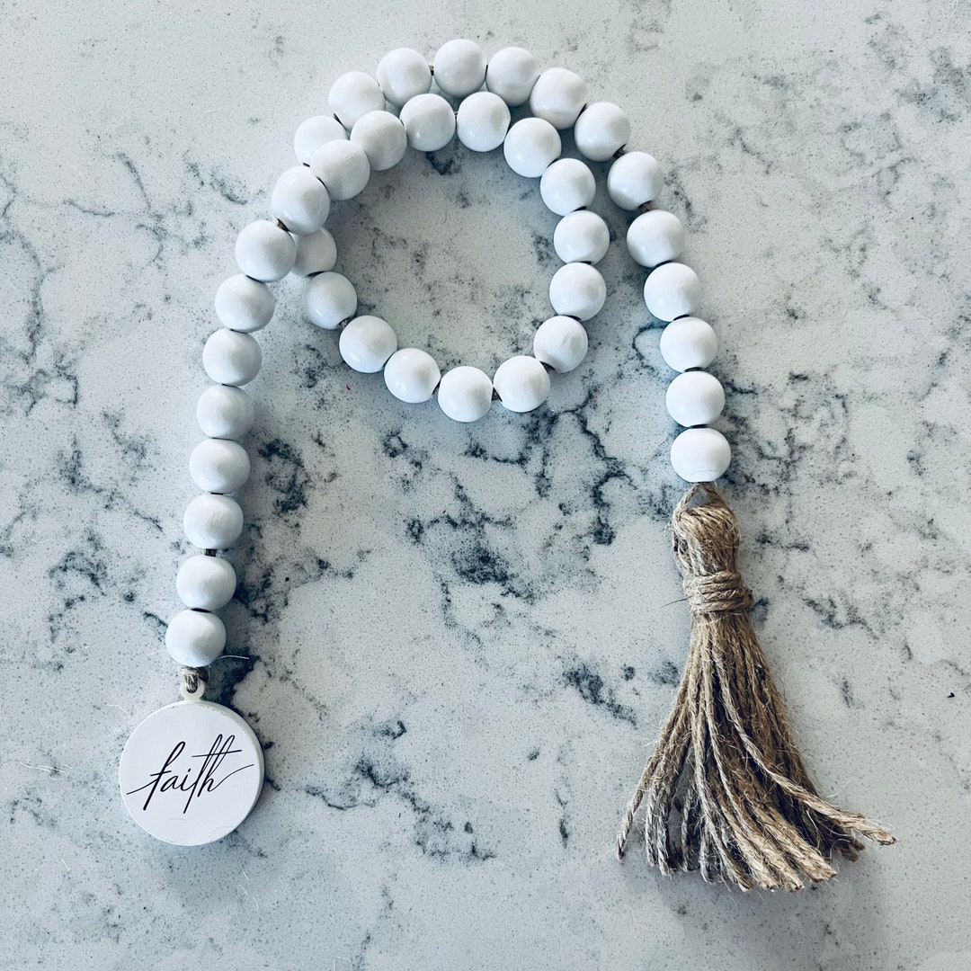 Farmhouse Faith White Wood Bead Garland Strand White Wood Beads Tag ...