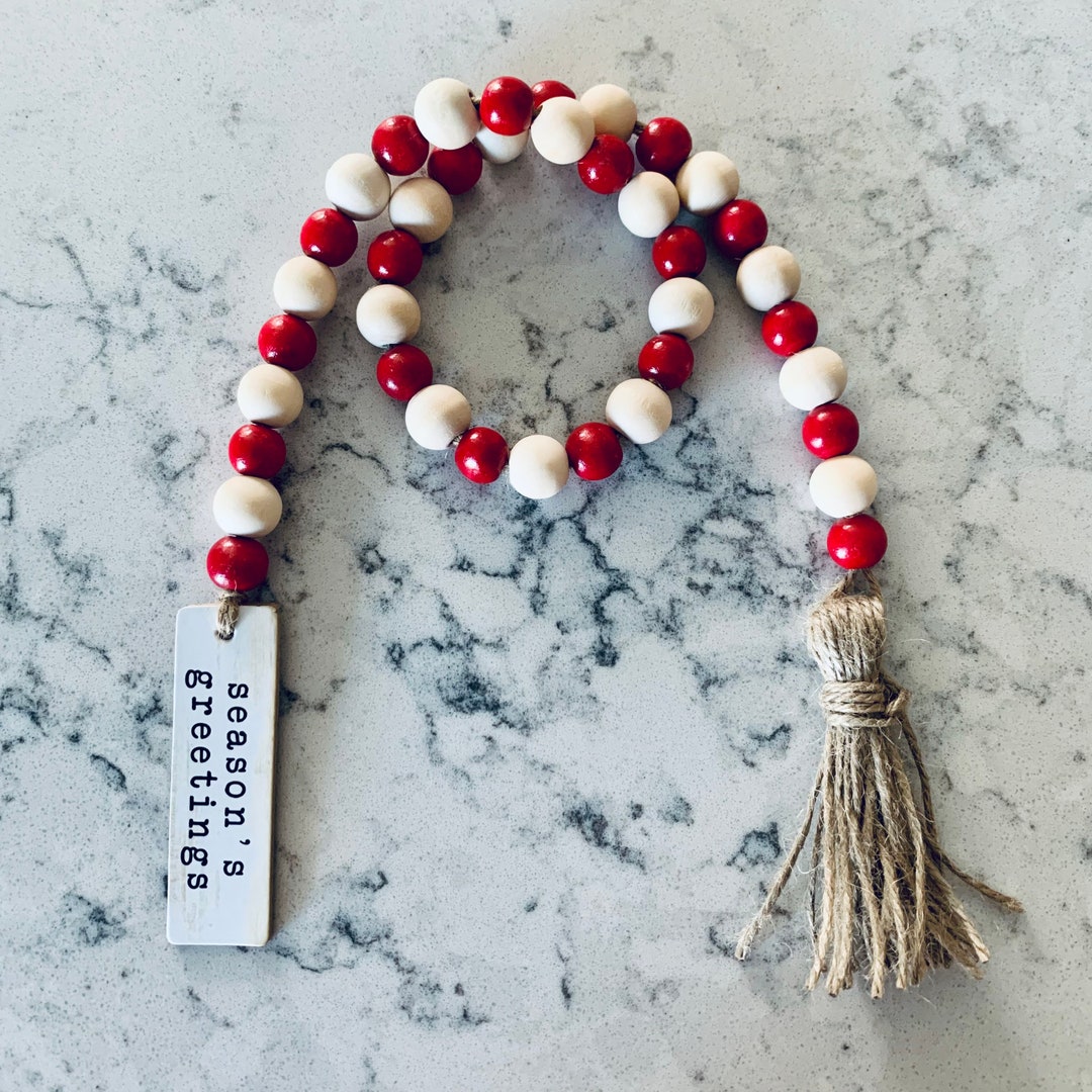 Christmas Wood Bead Garland Strand Red Natural Wood Beads Seasons ...