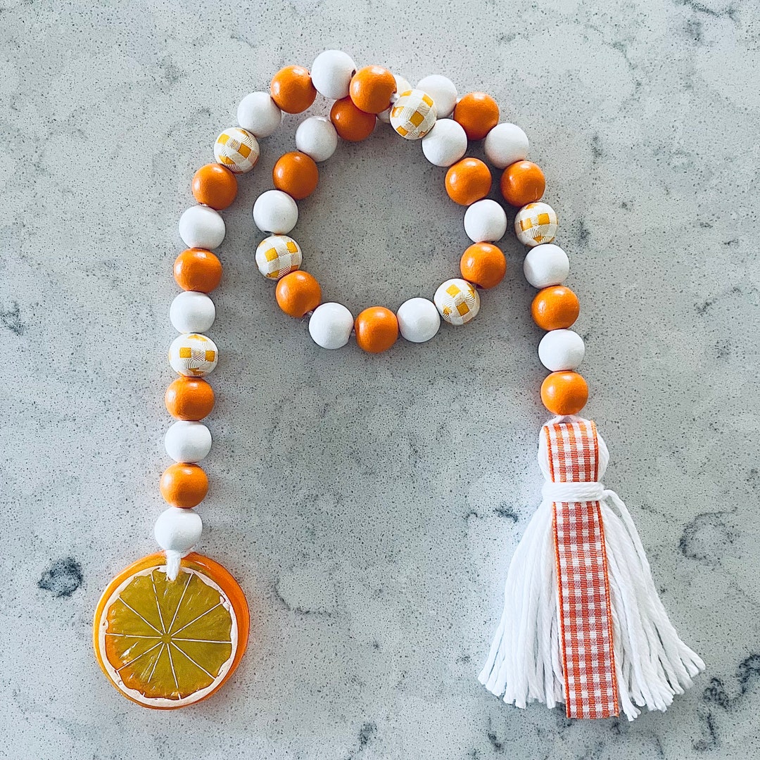 Orange Beads Wood Bead Garland Strand Tassels Tag Farmhouse Beads ...