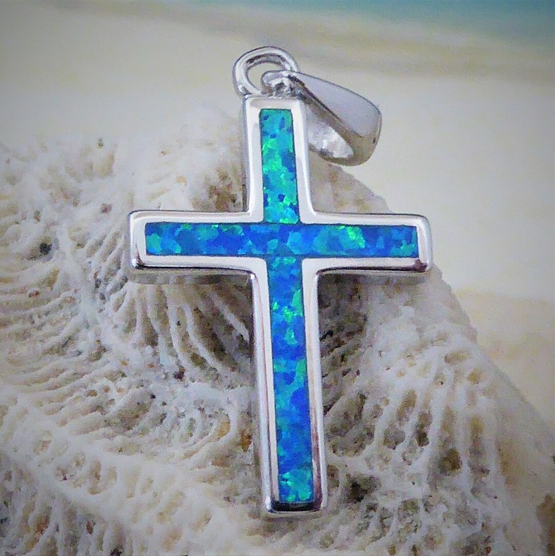 Silver Opal Cross Pendant 1 1/4 W/bail Long Rhodium Plated .925 ...