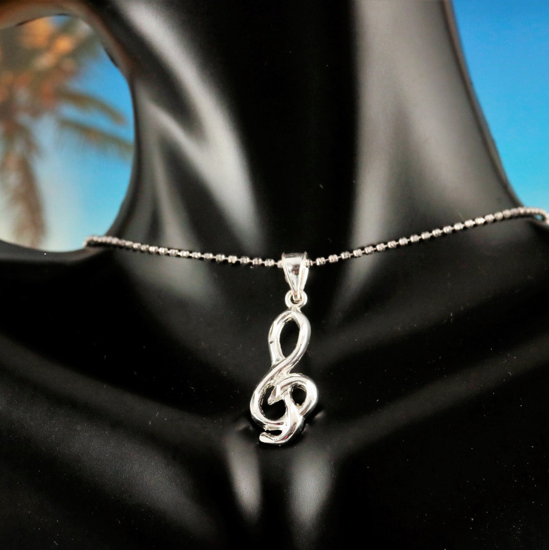 Silver Treble Clef Pendant 7/8" Tall + 1/4" Bail .925 Sterling Diamond ...