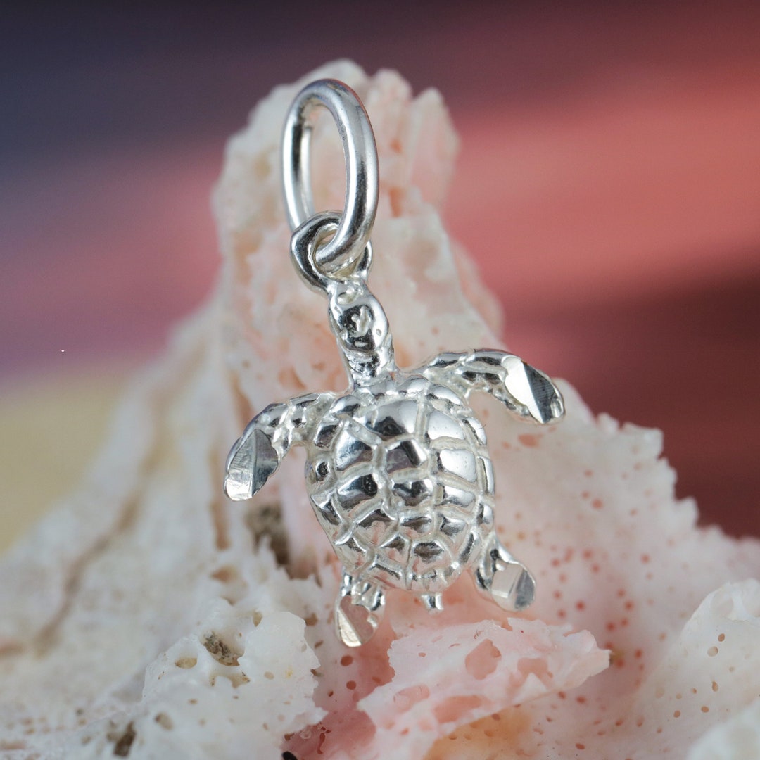 Silver Sea Turtle Mini Charm 1/2" Long + 1/4" Bail Diamond Cut .925 ...
