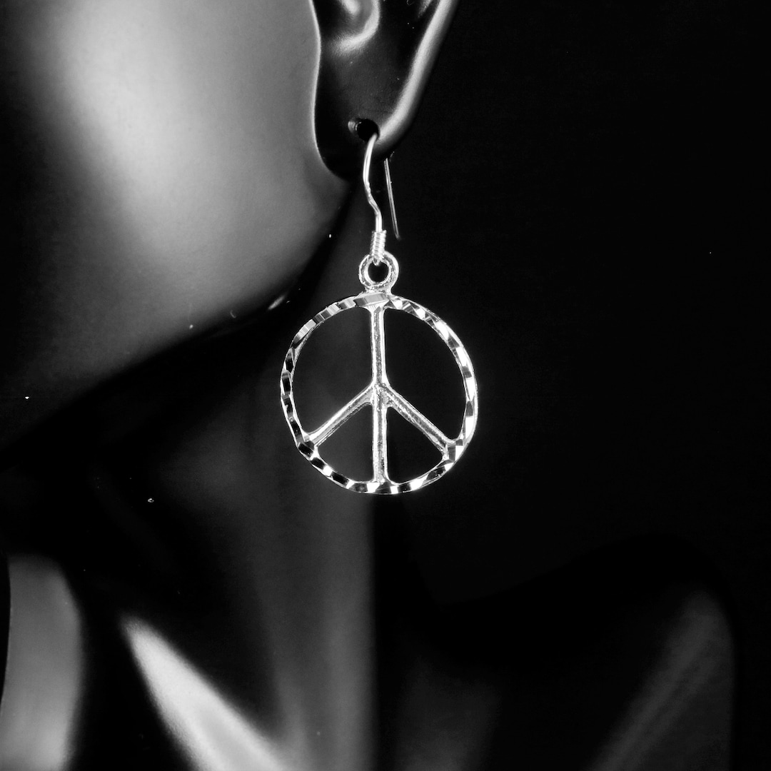 Sterling Silver, Diamond Cut, Peace Sign Earrings: 7/8" Tall + 5/8" Ear ...