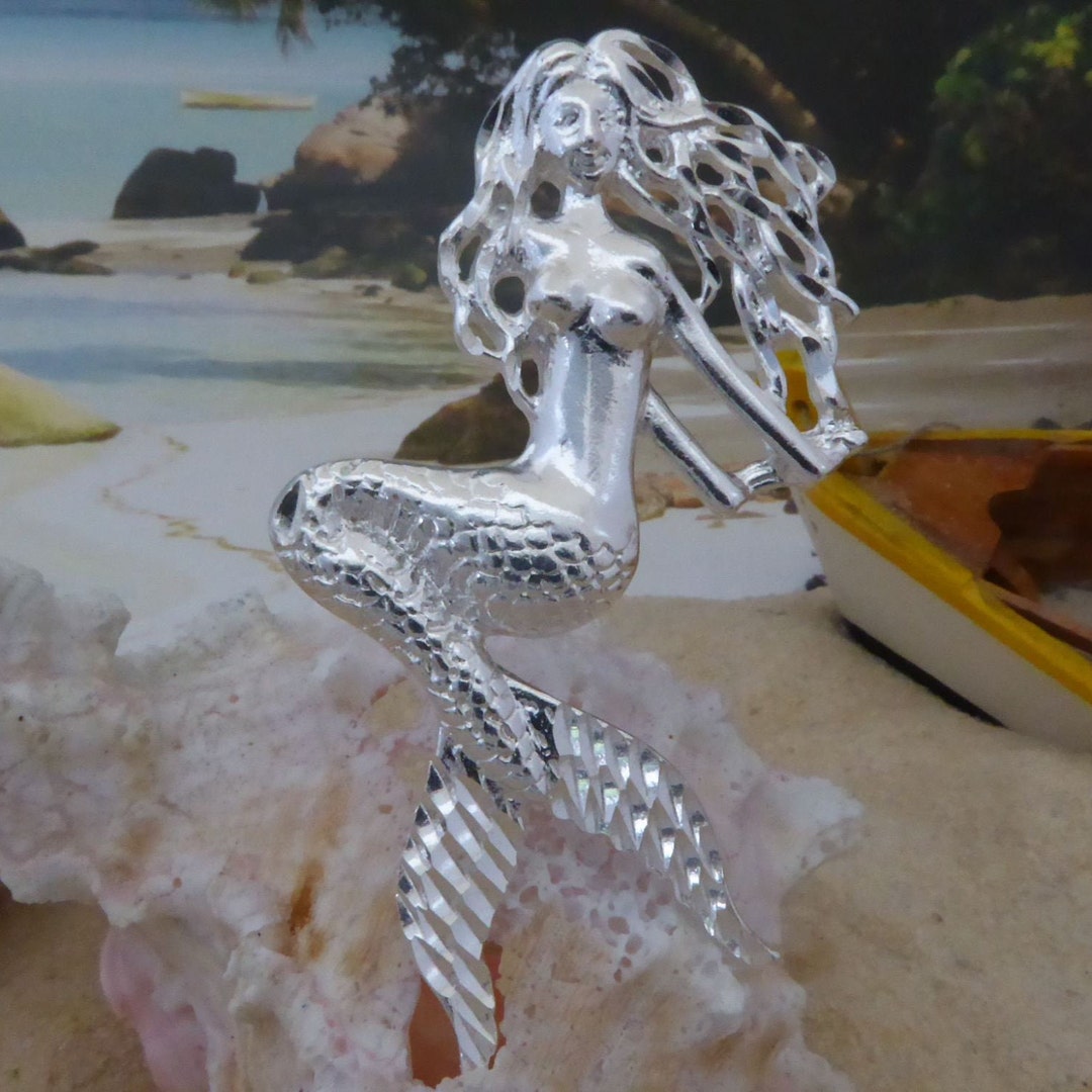 Silver Mermaid Slide 2 1/2" Long Diamond Cut .925 Sterling Siren ...