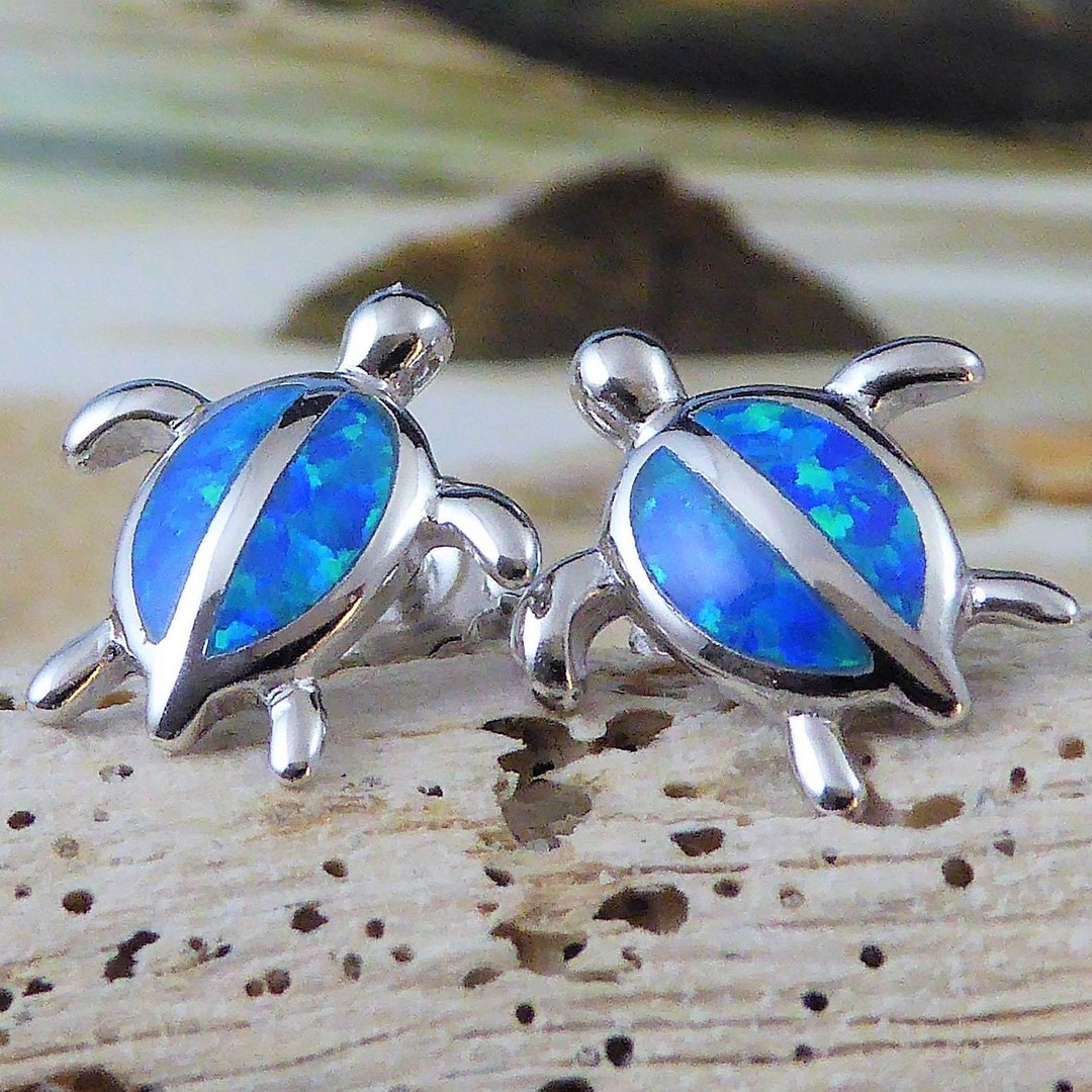 Silver Sea Turtle Stud Earrings. 925 Sterling, Blue Opal Post Earrings, Sea Life Jewelry Gift ...