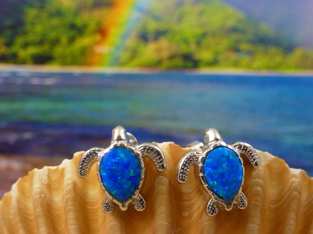 Sterling Silver Opal Sea Turtle Stud Post Earrings, Inlay Blue Opal ...