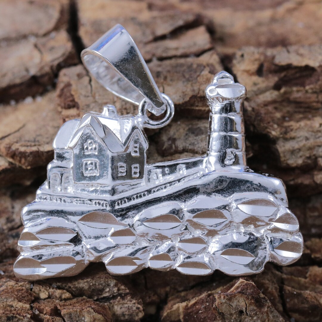 Silver Lighthouse Pendant, 1" Wide Sterling New England Wood Island ...