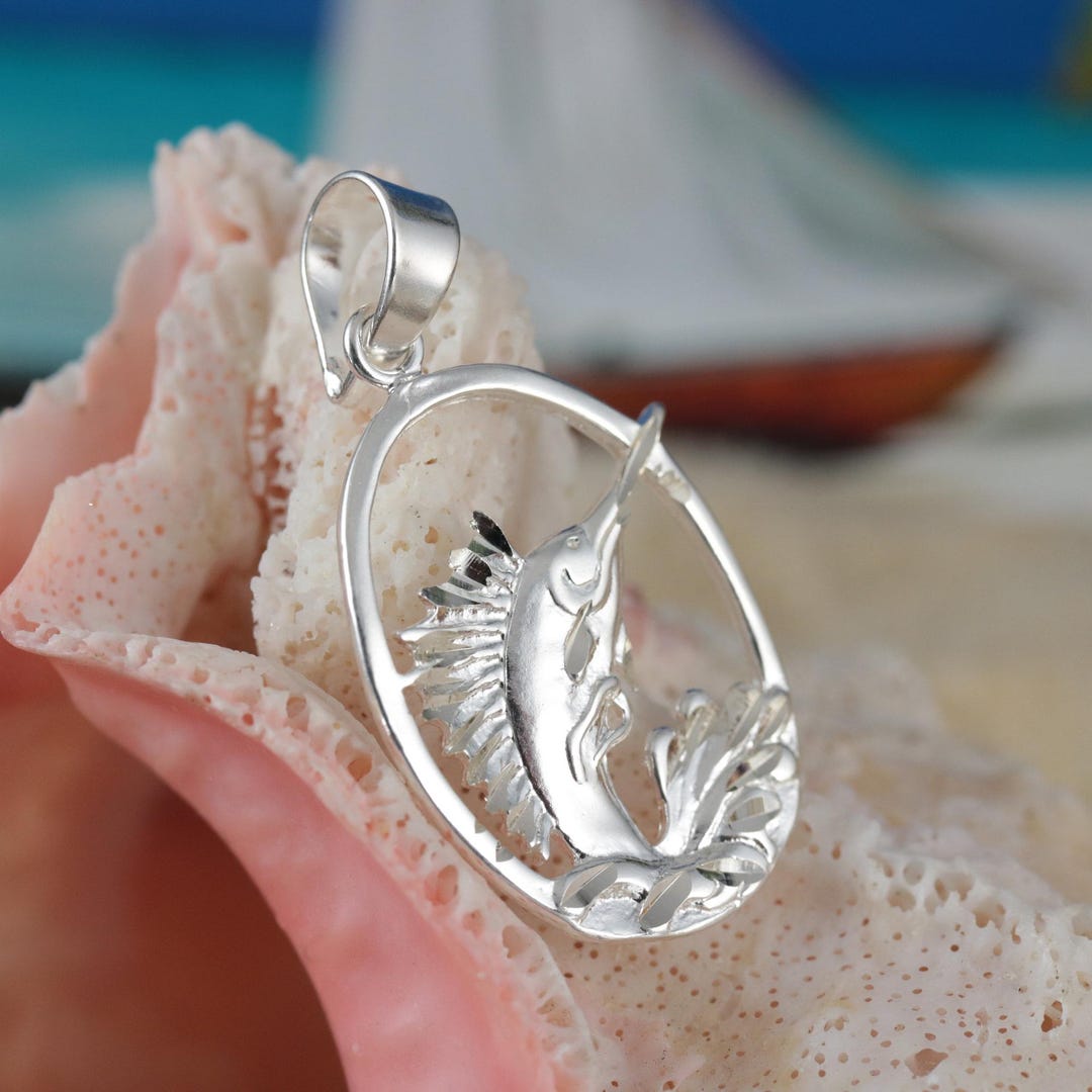 Silver Sailfish Pendant, 1 1/4" Tall W/bail .925 Sterling Framed ...