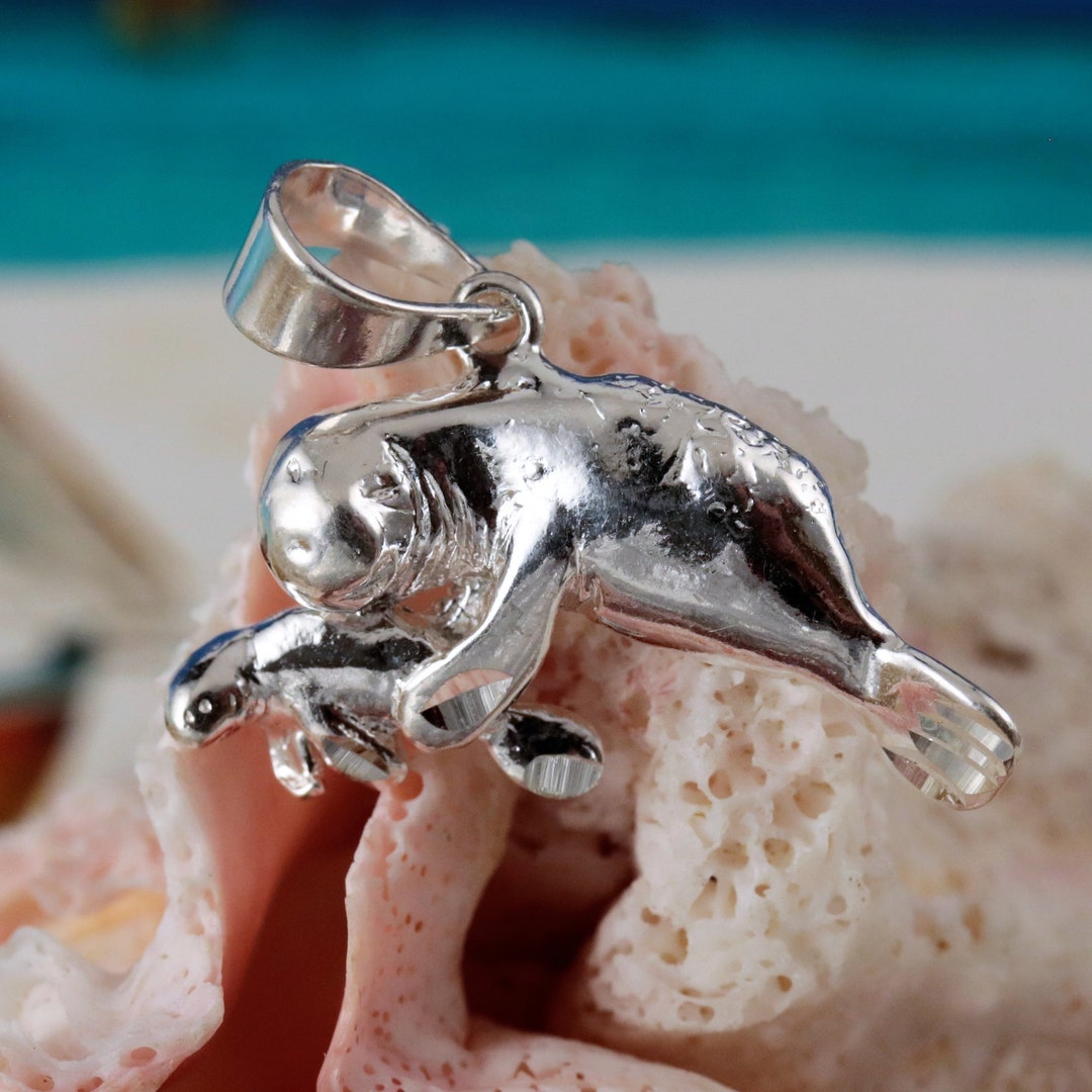 Silver Manatee Pendant 1wide Diamond Cut .925 Sterling Mother and Baby ...