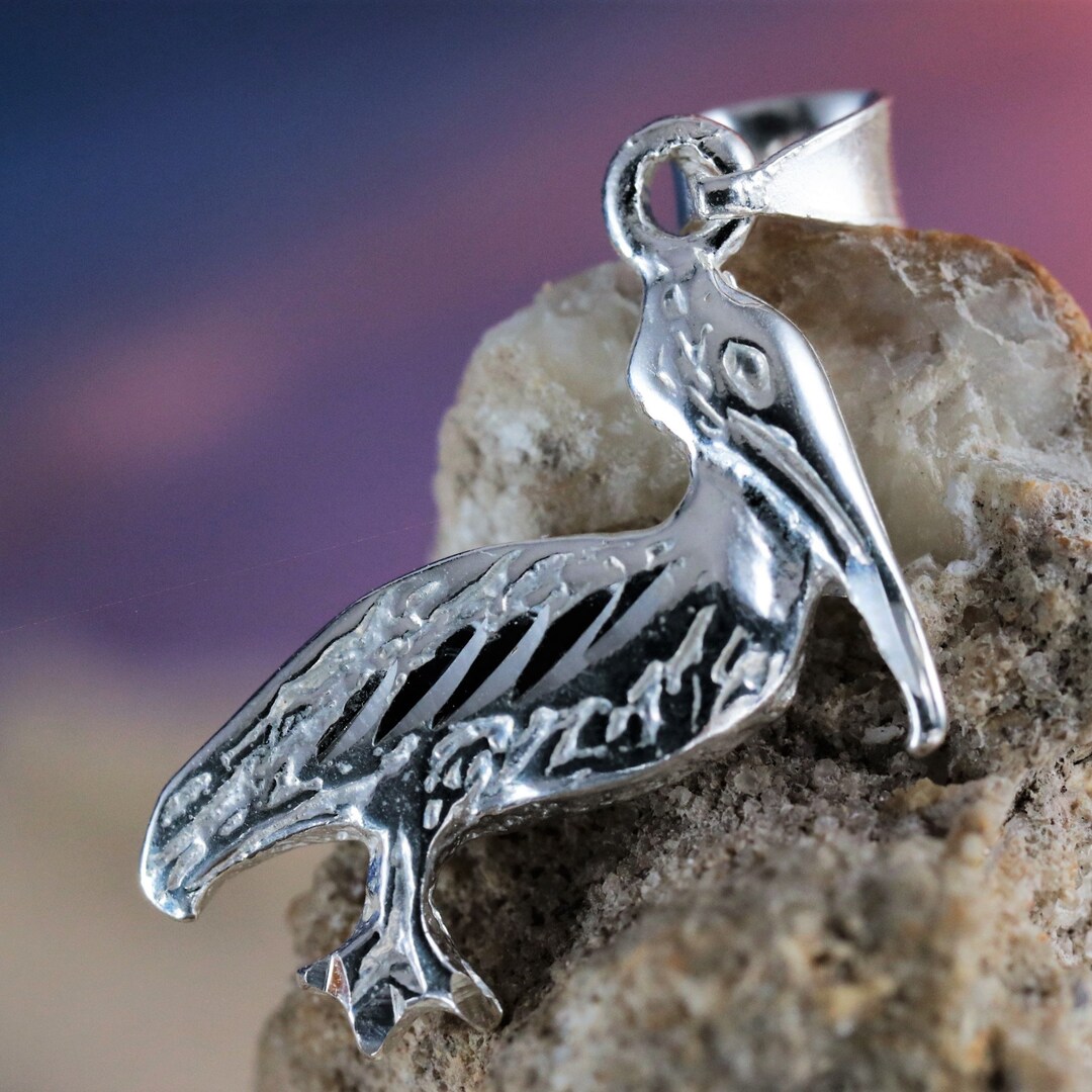 Silver Pelican Pendant • 1 1/8" With Bail .925 Sterling Diamond Cut ...