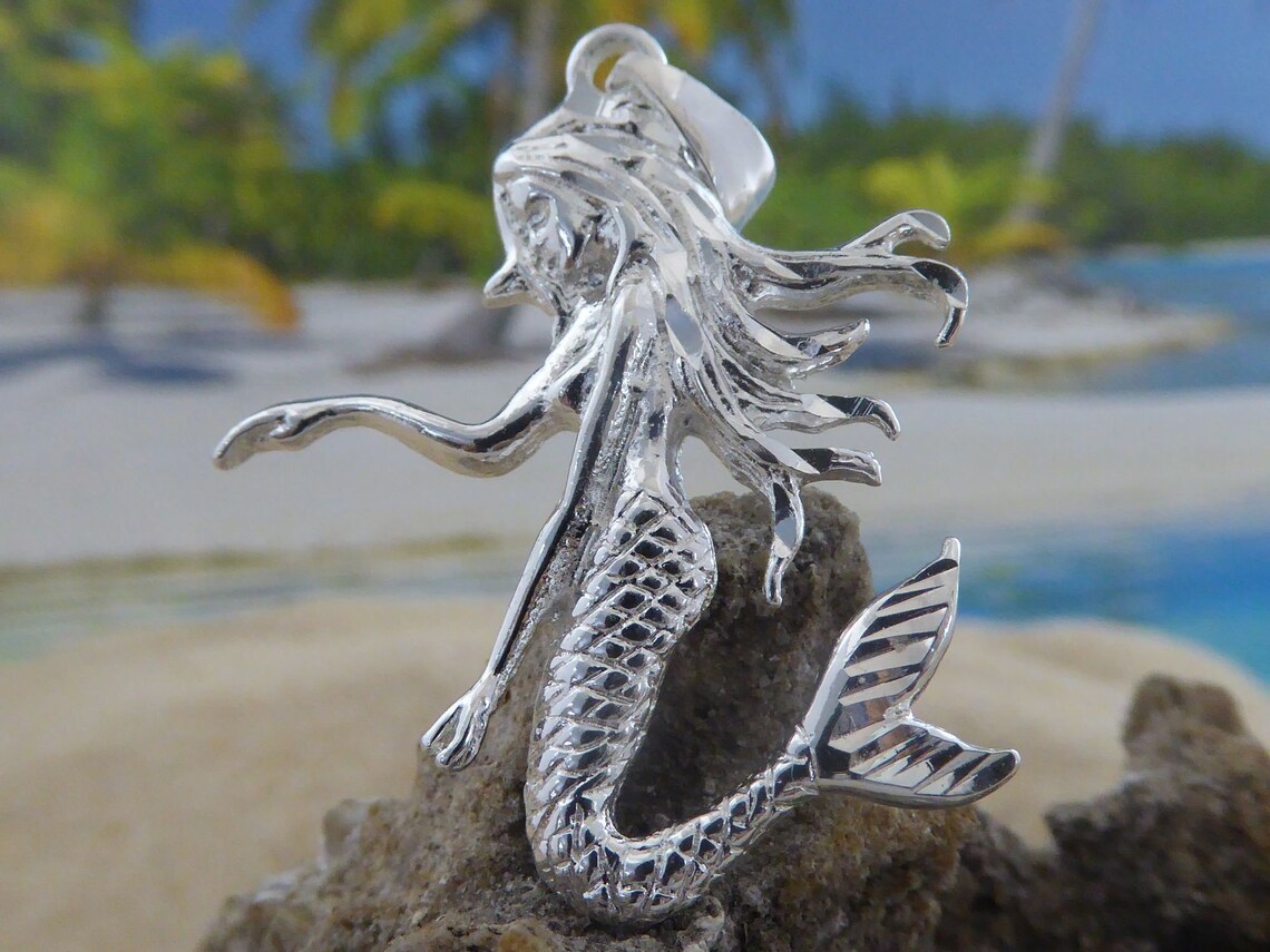 Sterling Silver Diamond Cut Mermaid Pendant, 1 1/8" Tall + 1/4" Bail ...