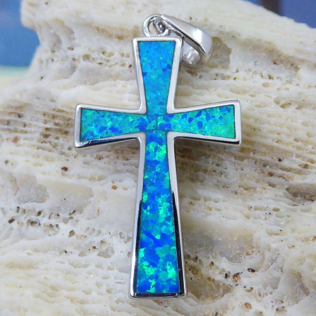 Silver Opal Cross Pendant 1 5/8" Tall W/bail .925 Sterling Rhodium ...