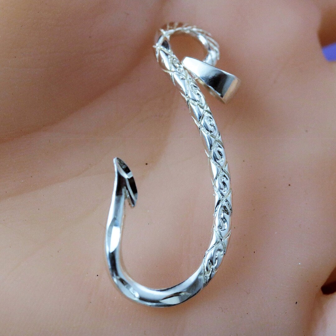 Silver Fish Hook Pendant. 2 Long W/bail Diamond Cut .925 Sterling ...