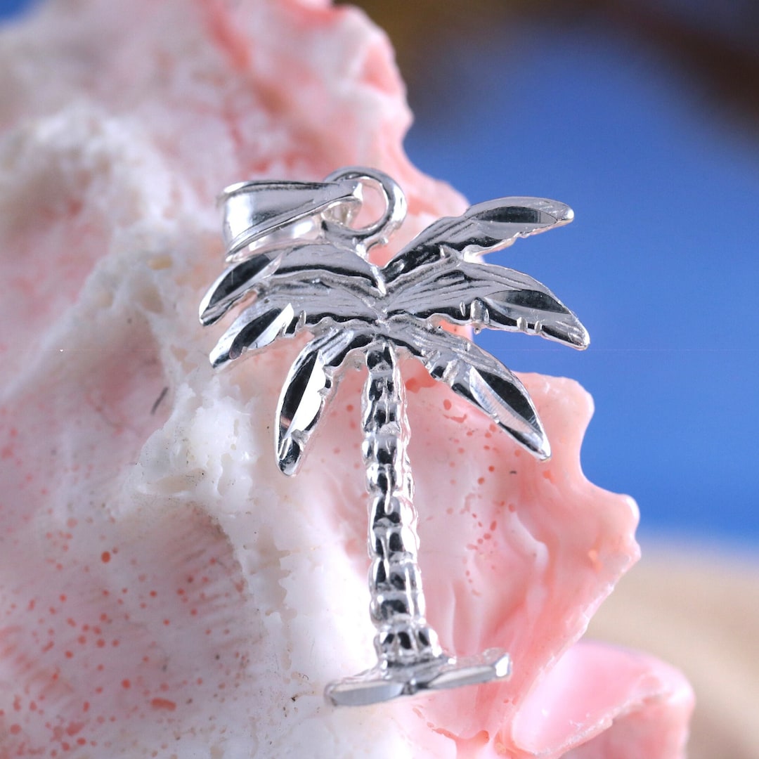 Silver Palm Tree Pendant, 15/16" Long W/bail Diamond Cut .925 Sterling ...