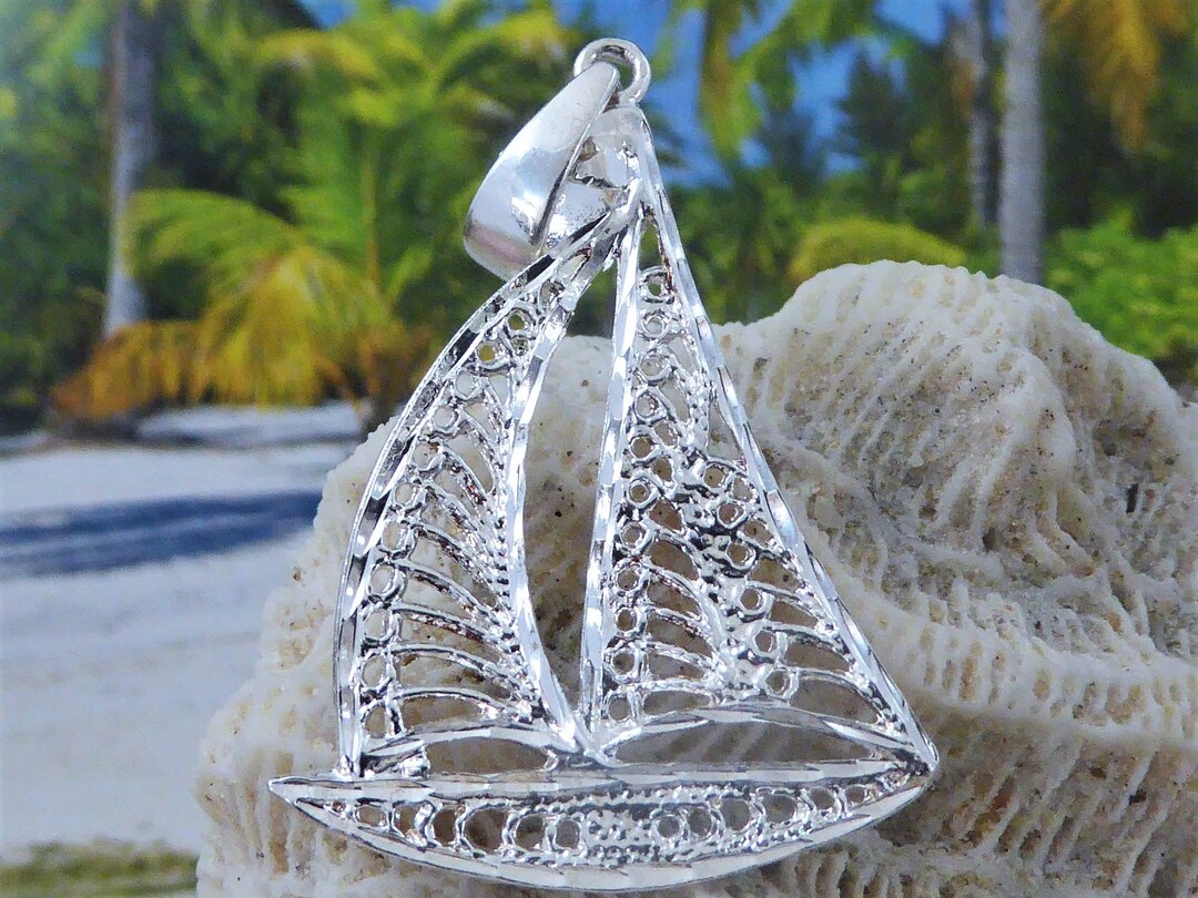 Silver Sail Boat Pendant, 1 3/4 Tall, Diamond Cut Filigree 925 Sterling ...