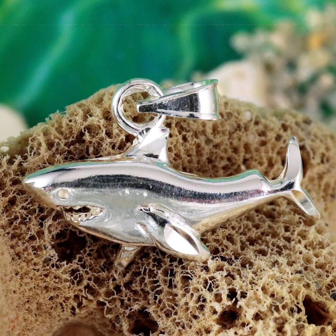 Silver Great White Shark Charm, 5/8 Tall W/bail .925 Sterling Diamond ...