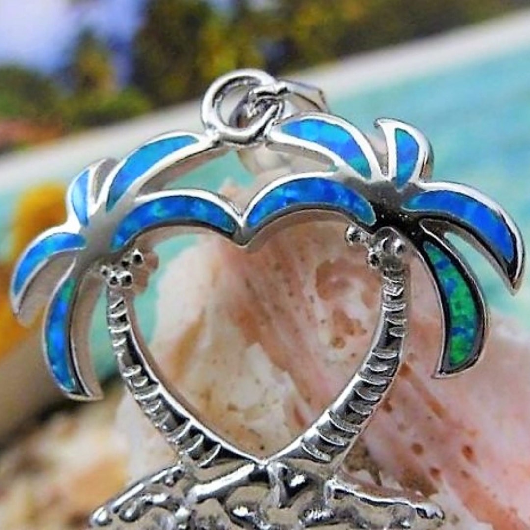 Silver Palm Trees Pendant Twin Heart Shape , 7/8" + 1/4" Bail Blue Opal ...