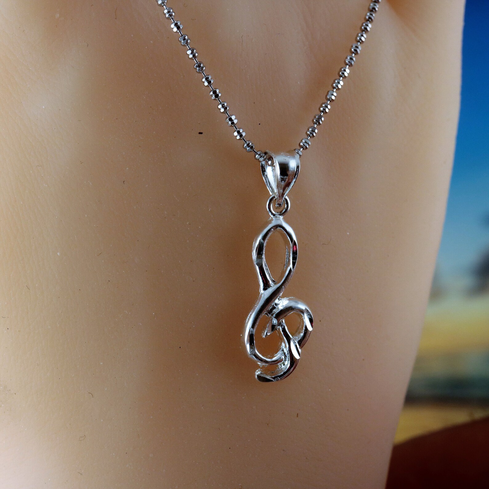 Silver Treble Clef Pendant 7/8" Tall + 1/4" Bail .925 Sterling Diamond ...