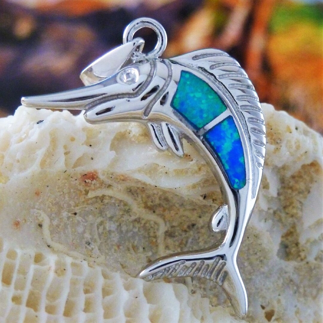 Silver Opal Sailfish Pendant, 1 3/8" Long W/bail .925 Sterling Rhodium ...