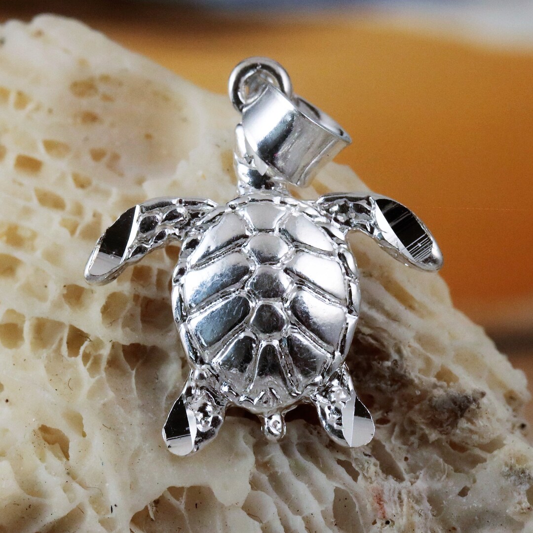 Silver Sea Turtle Pendant, 11/16" + 1/4' Bail Diamond Cut, .925 ...