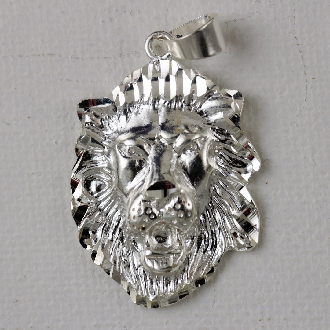 Silver Lions' Head Pendant, 1 1/4" Tall + 1/4"bail .925 Sterling ...