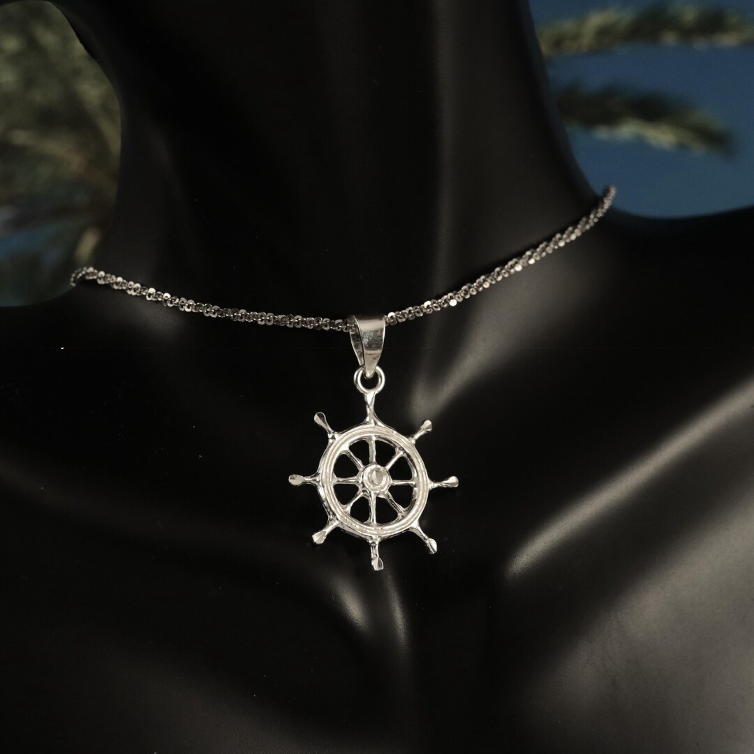 Sterling Silver, Diamond Cut, Ship's Wheel Pendant. 1" Tall + 1/4" Bail ...