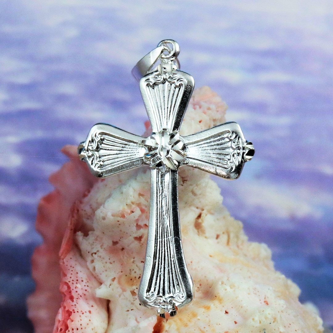 Silver Cross Pendant, 1 7/8" + 3/8" Long Bail .925 Sterling Diamond Cut ...