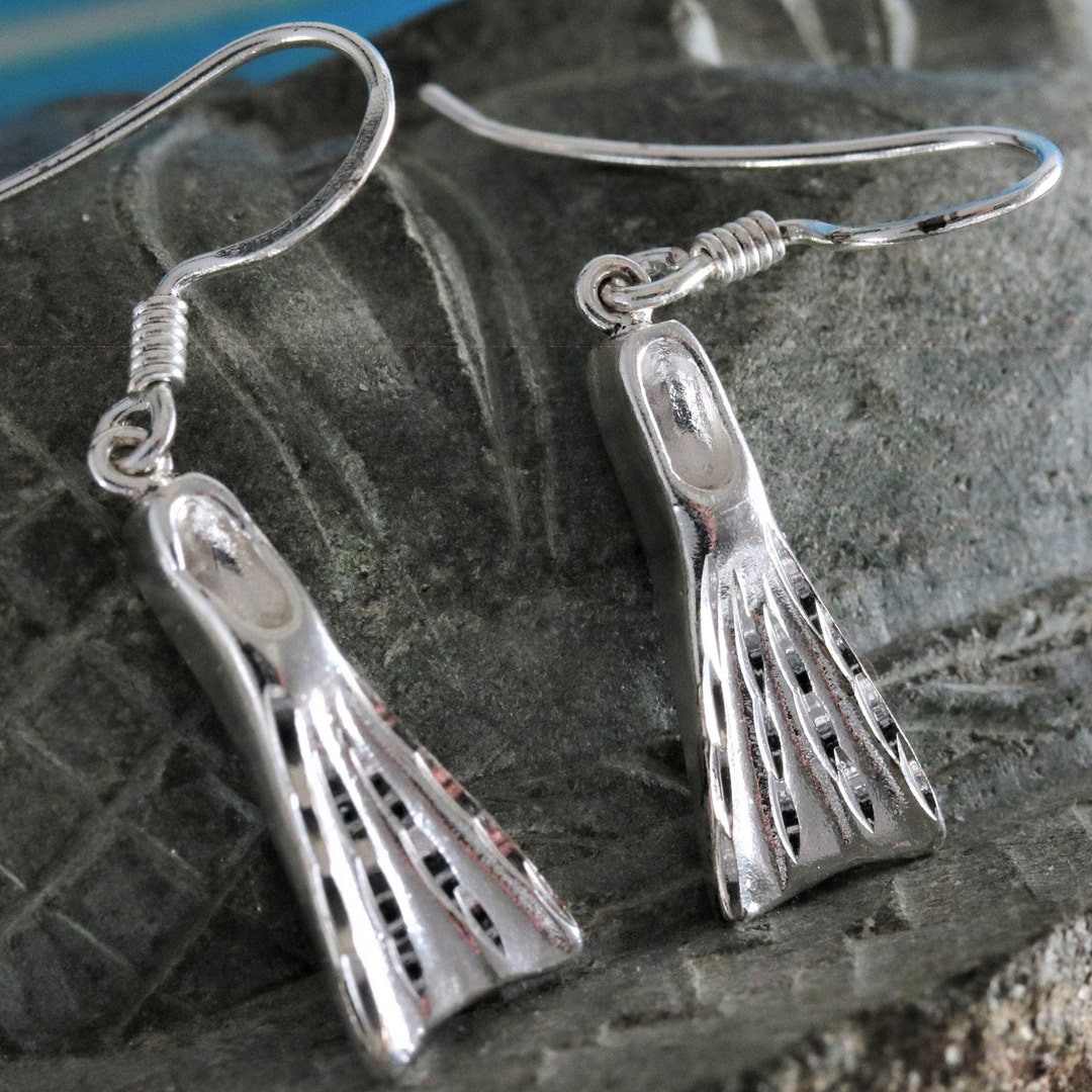 Silver Swim Fins Earrings, 1 1/2 Tall Solid Diamond Cut .925 Sterling ...