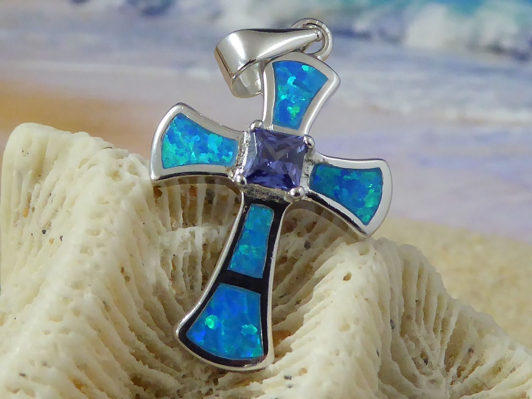 Silver Opal Cross Pendant 1 1/4 Long Rhodium Plated .925 Sterling Opal ...