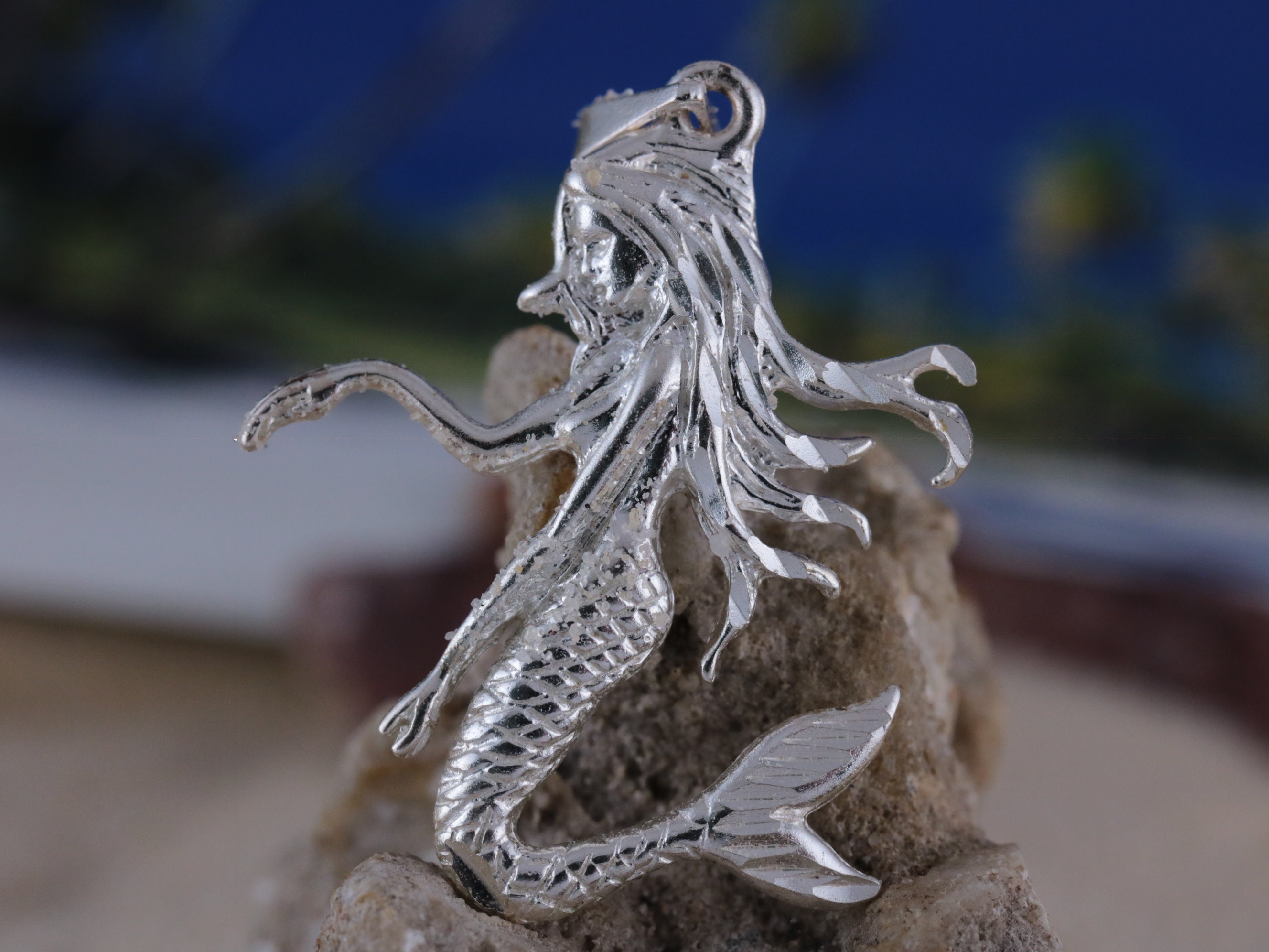 Sterling Silver Diamond Cut Mermaid Pendant, 1 1/8" Tall + 1/4" Bail ...