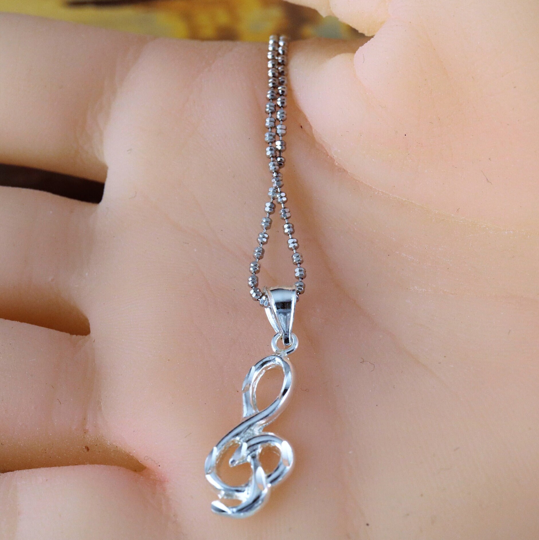 Silver Treble Clef Pendant 7/8" Tall + 1/4" Bail .925 Sterling Diamond ...