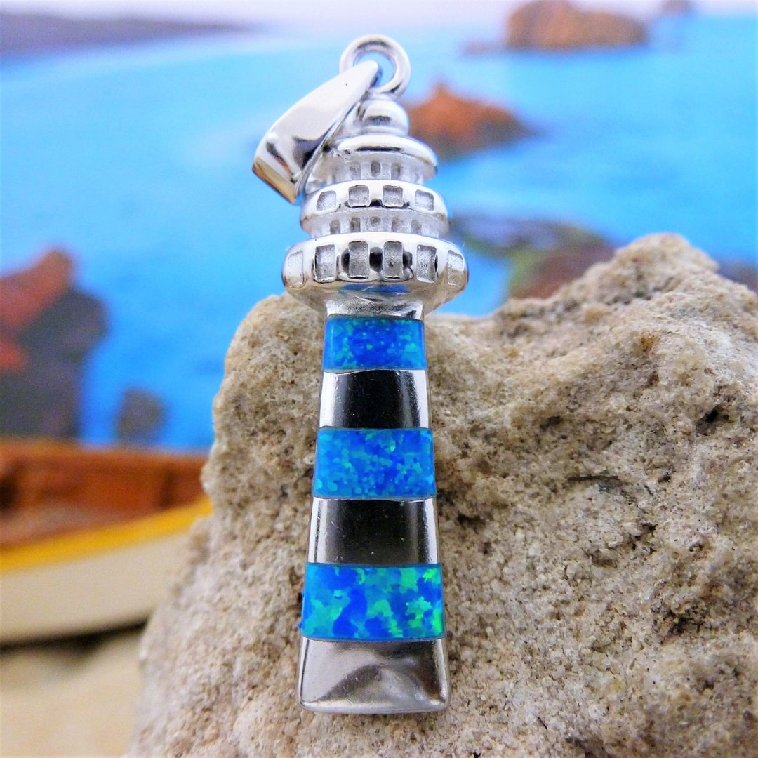 Silver Lighthouse Pendant. 1 1/2" Tall With Bail, Blue Opal .925 ...