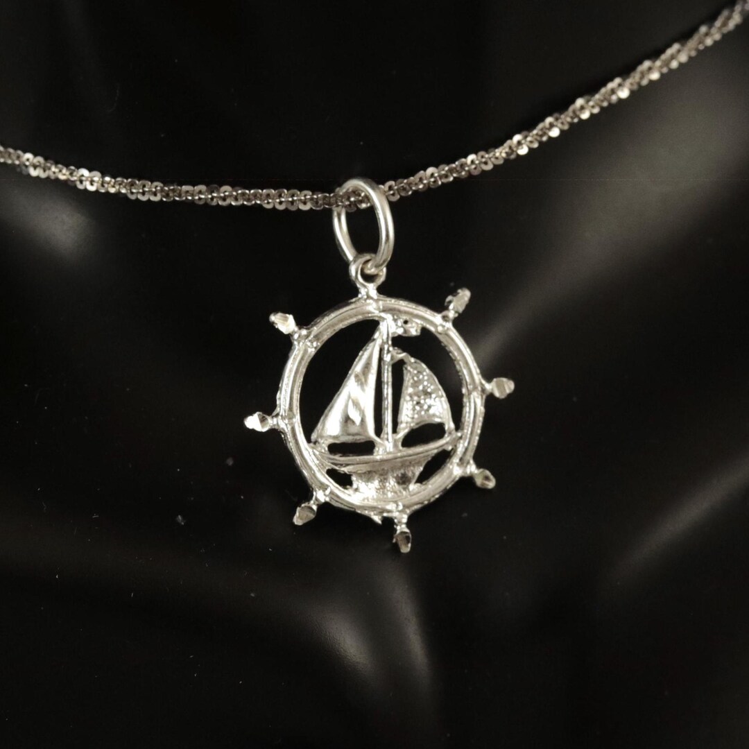 Silver Ship's Wheel & Sailboat Pendant, 7/8" + 1/4" Bail Diamond Cut ...