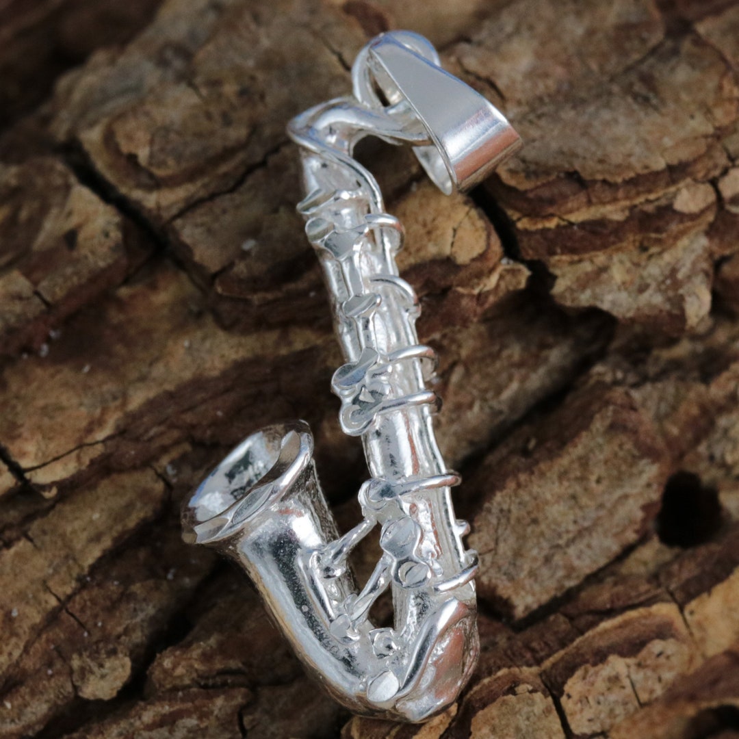 Sterling Silver Diamond Cut Saxophone Pendant, 1 1/8" Long + 1/4" Bail ...