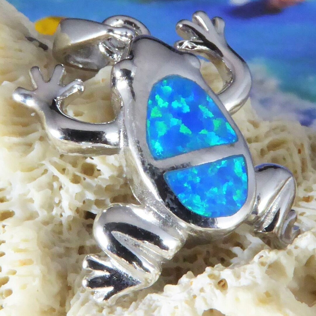 Sterling Silver, Rhodium Plated, Blue Opal Frog Pendant, 3/4" + 1/4 ...