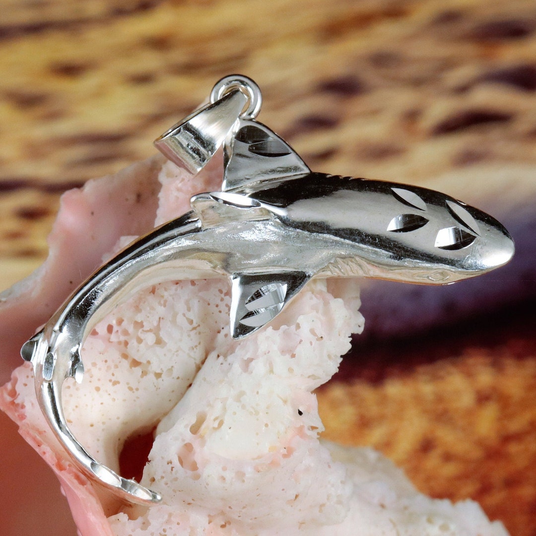 Silver Tiger Shark Pendant, .925 Sterling Diamond Cut Shark Charm ...