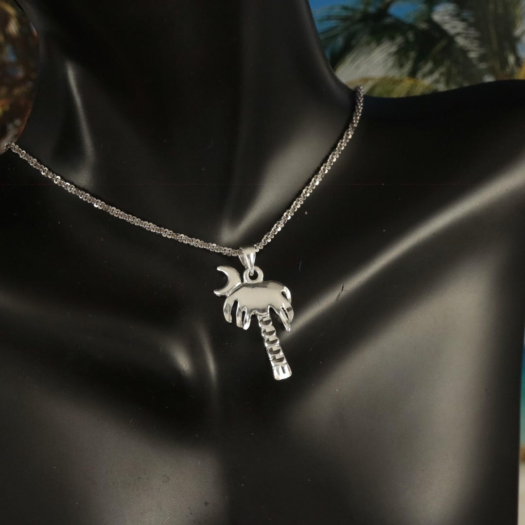 Sterling Silver Diamond Cut, Palm Tree Crescent Moon Pendant 3/4" + 5/ ...